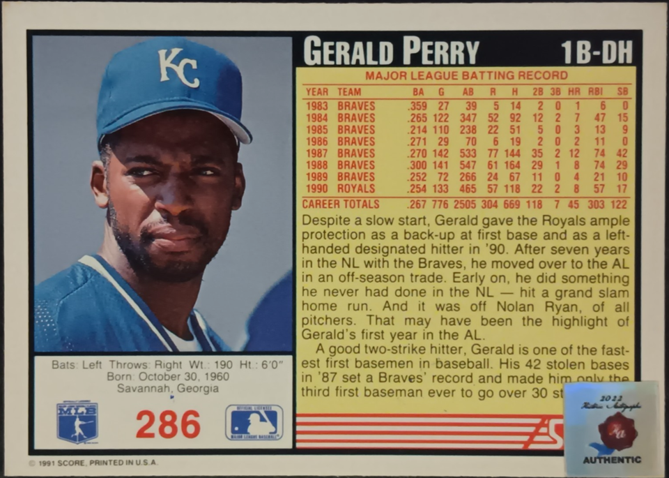1991 Gerald Perry Score Autograph #286-NM | eBay