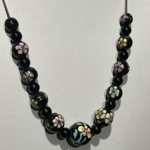 Vintage Cloisonne Beads Black Flowers Necklace On Monet Chain Necklace ...