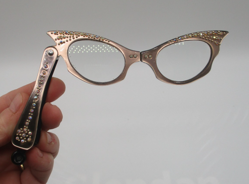 VINTAGE LORGNETTE CAT EYE LUCITE RHINESTONE FOLDING OPERA READING ...