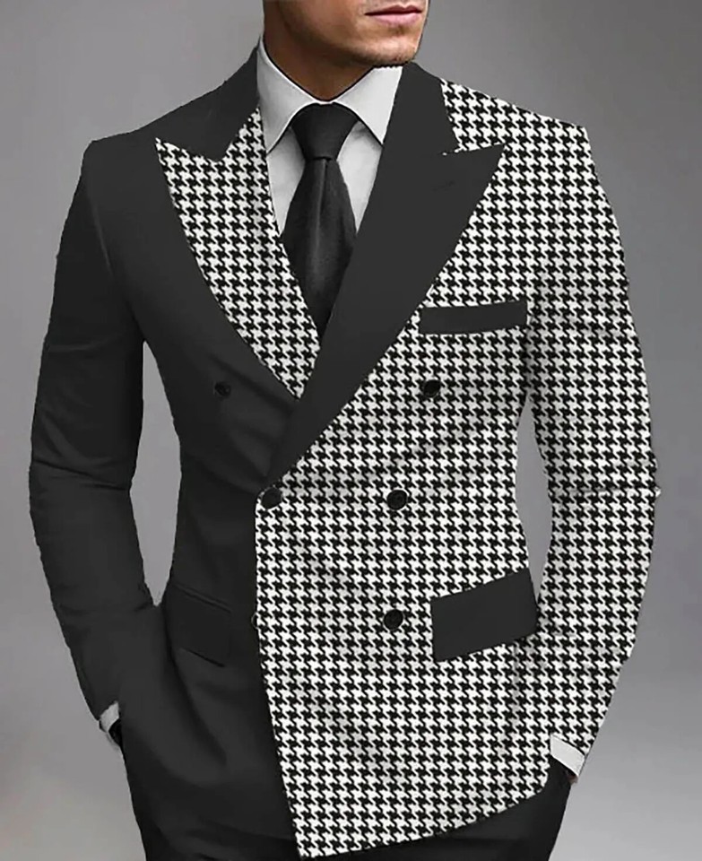 Patchwork Houndstooth Men's Suit Peak Lapel Double Breasted Wedding ...