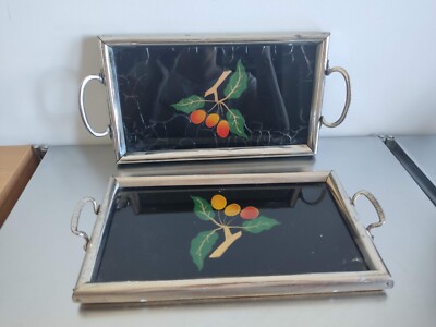 Set of 2 Art Deco Serving Trays Glass Metall Tray Plums Painting motif ...