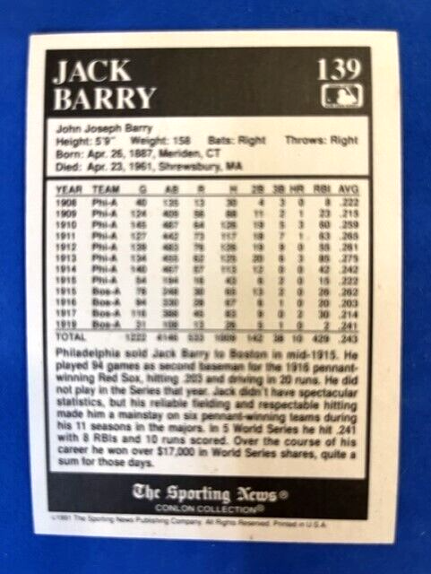 MLB - Jack Barry 1991 Sporting News Conlan Collection - Red Sox | eBay