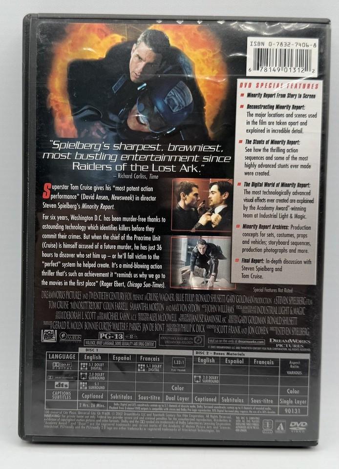 Minority Report DVD Fullscreen Tom Cruise Colin Farrell Free Shipping ...