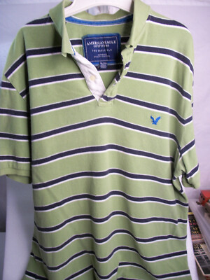 American Eagle Rugby Polo Green with Blue Striped Short Sleeve, Logo | eBay