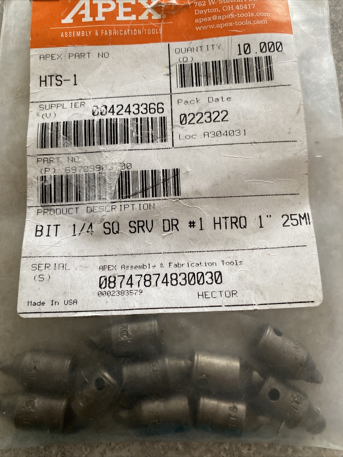 (10ea) Apex HTS-1 #1 Hi-Torque Insert Bit , 1/4'' Square Drive , Free ...