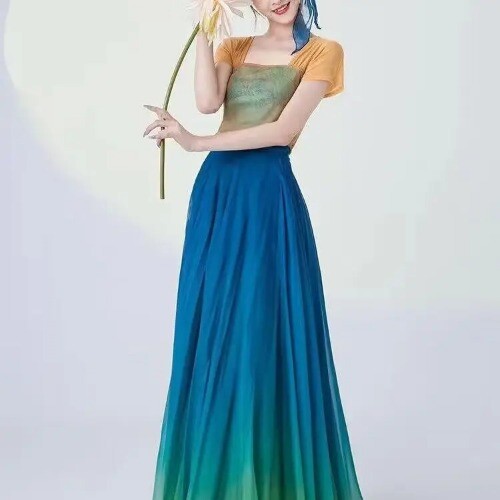 Hanfu Flowy 720 Degree Skirt Training Suit For Dancing Wide Leg Chiffon ...