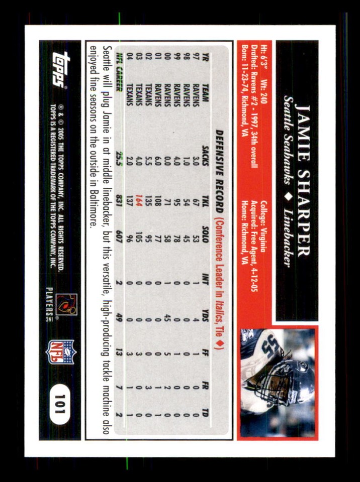 2005 FOOTBALL 2005 Topps Jamie Sharper Seattle Seahawks #101 1 | eBay