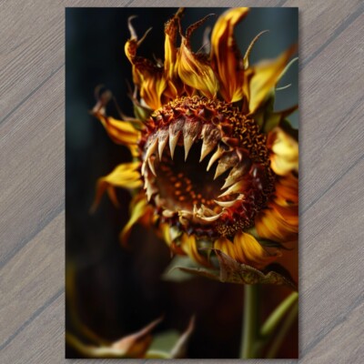 POSTCARD Sunflower With Teeth Fangs Flower Yellow Monster Weird Creepy ...