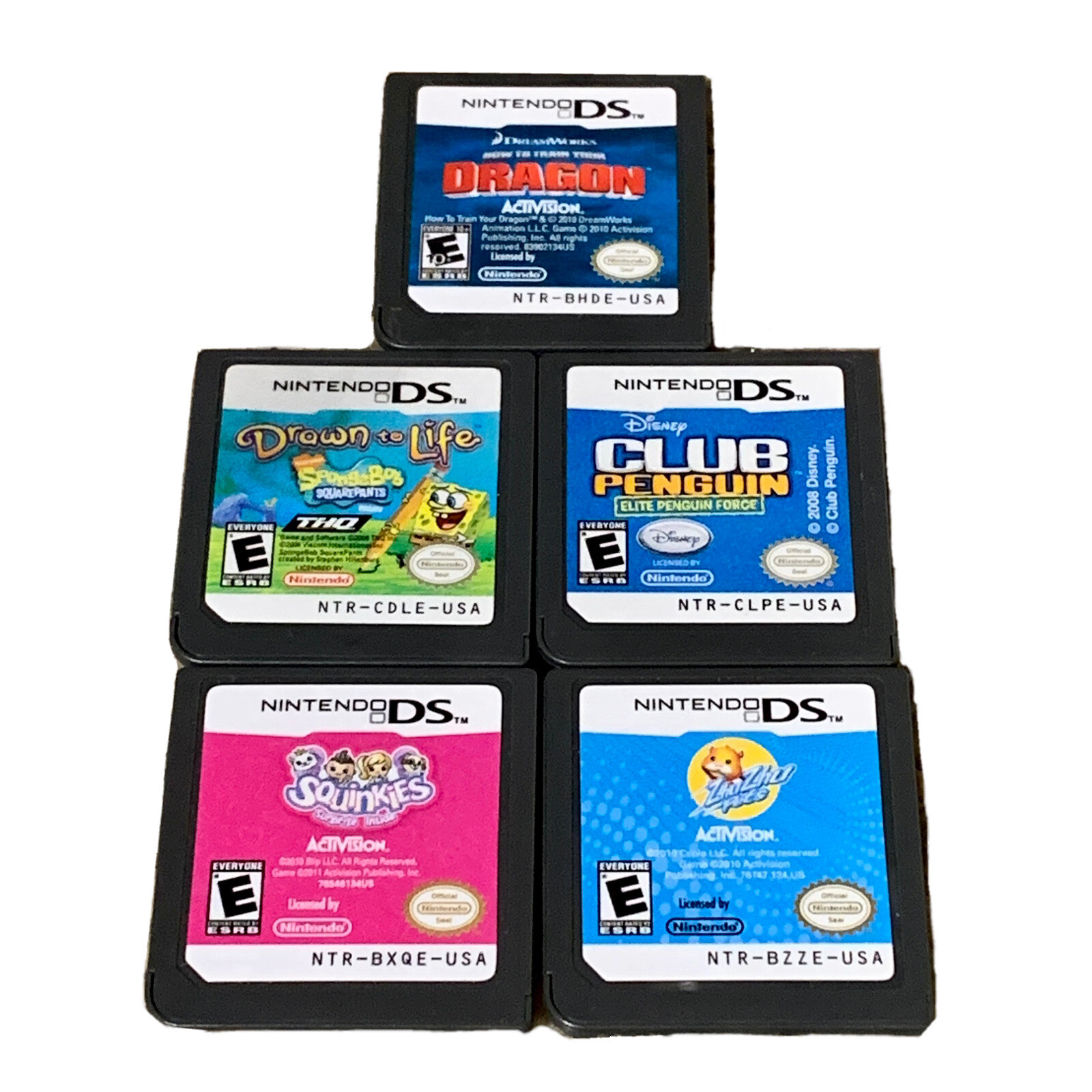 Nintendo DS Game Lot of 5 ZHU ZHU Pets SQUINKIES Club PENGUIN SpongeBOB ...