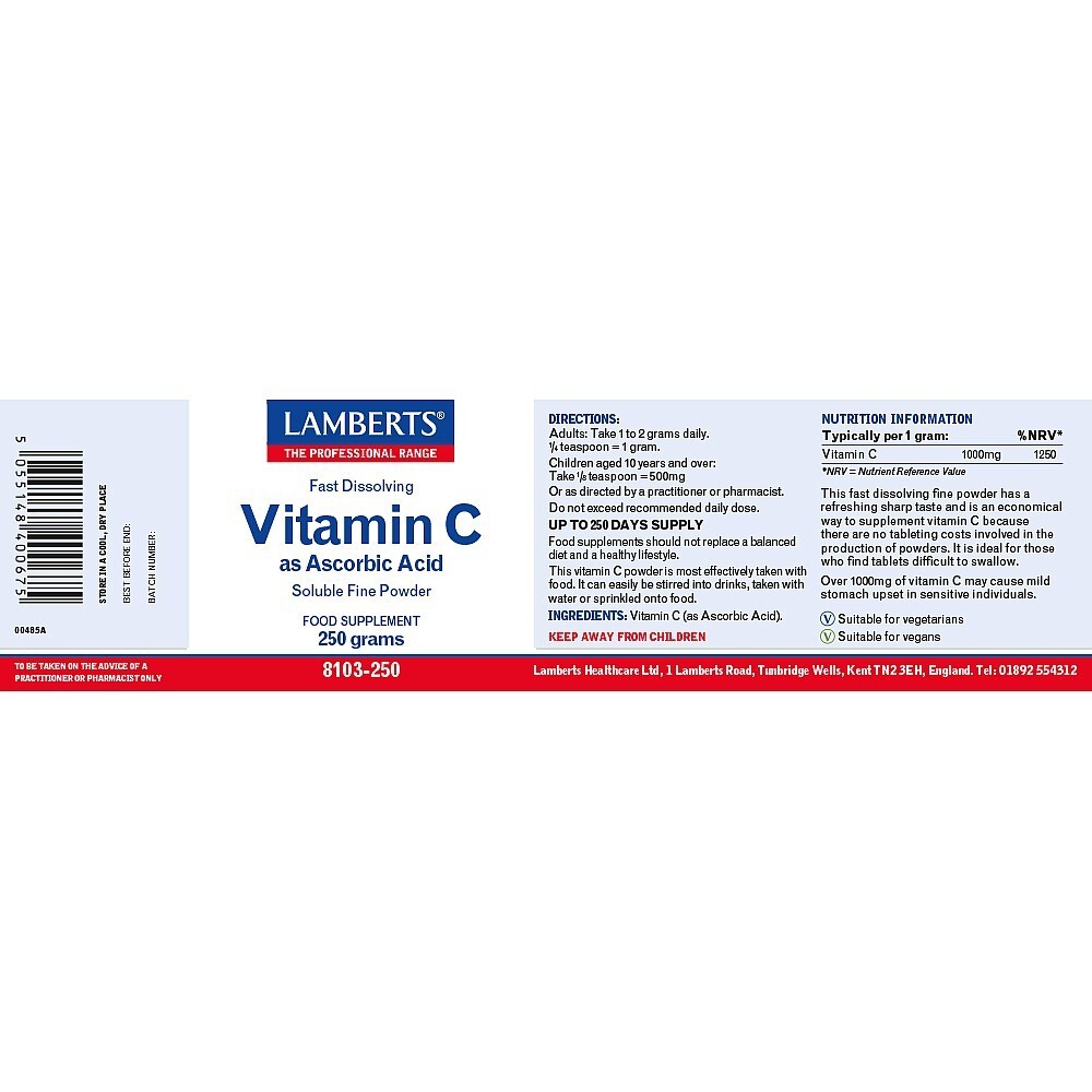 Lamberts Vitamin C as Ascorbic Acid Soluble Fine Powder 250g BBE 09/ ...