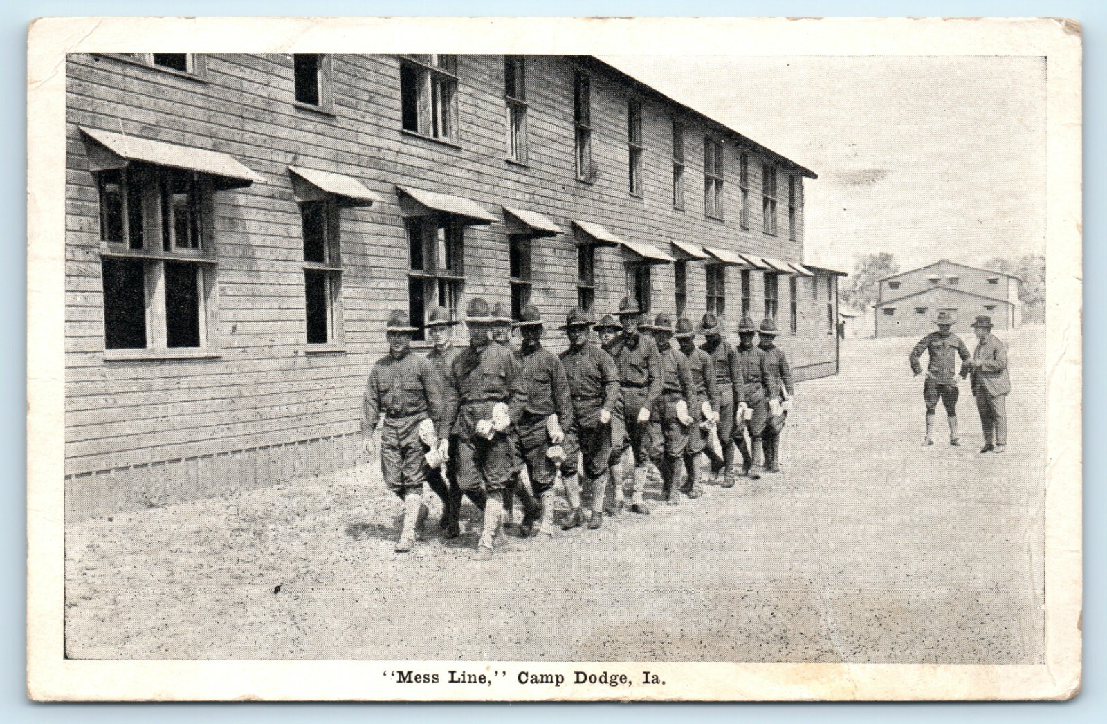 POSTCARD Camp Dodge Iowa Mess Line 1918 349th Infantry Private John P ...