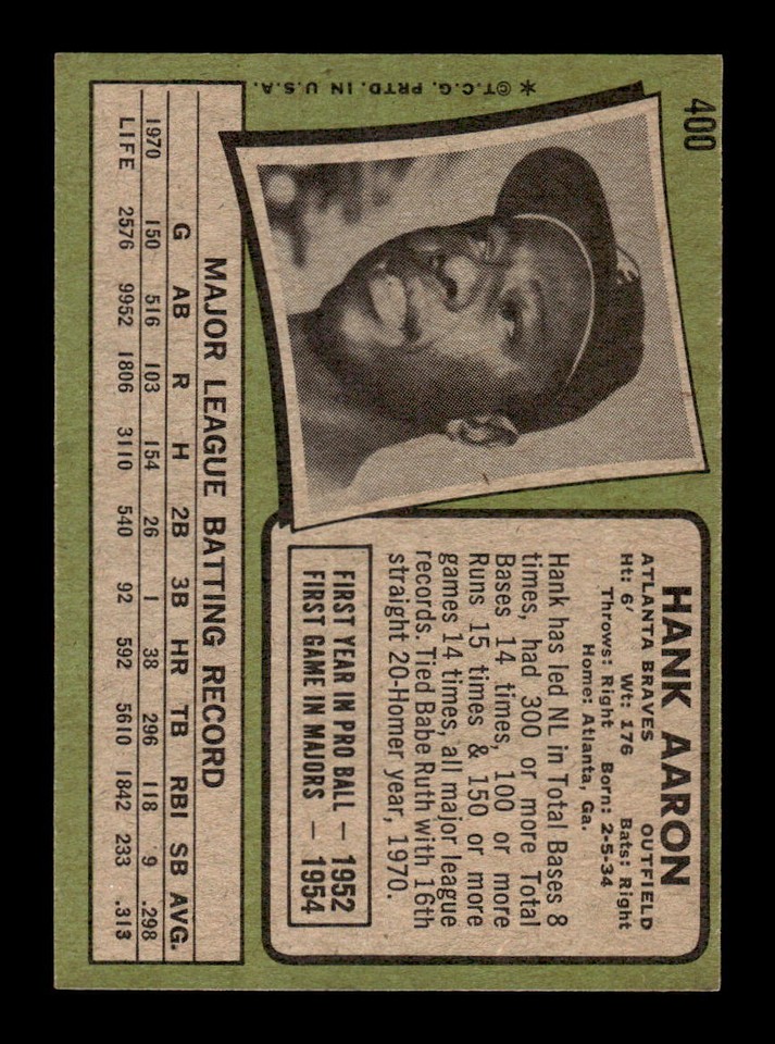 1971 Topps Baseball #400 Hank Aaron EX ROUGH EDGES OC Atlanta Braves | eBay