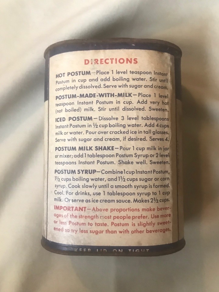 VINTAGE INSTANT POSTUM CEREAL BEVERAGE TIN (8 OZ.) MAKES 100 CUPS | eBay