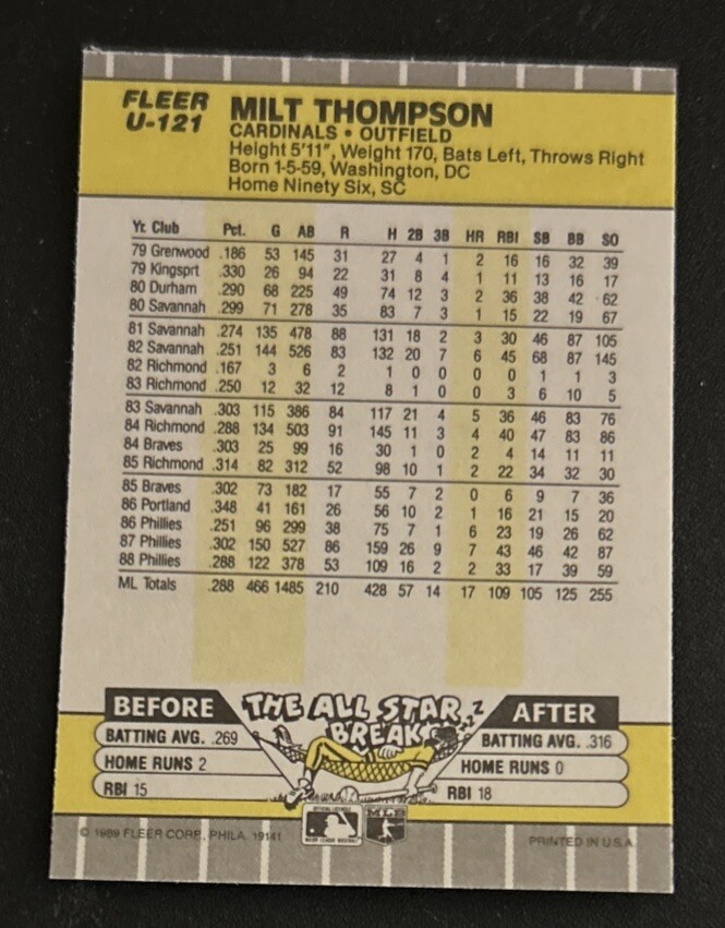 1989 Fleer Update Milt Thompson Baseball Card #U-121 Cardinals OF VG O ...