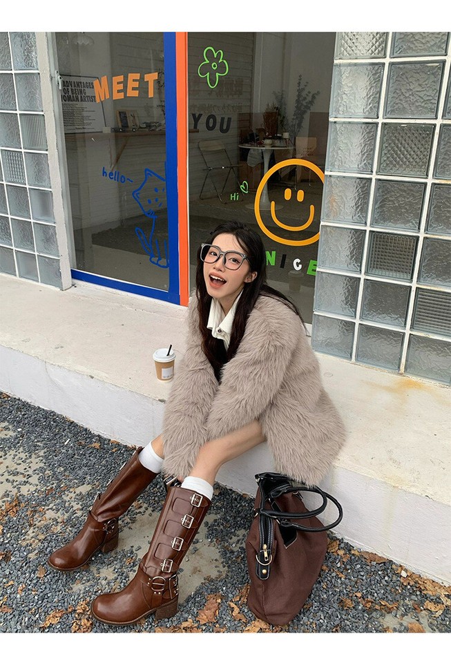 Lady Real Leather Metal Rivet Buckle Riding Boot Mid-Calf Western ...