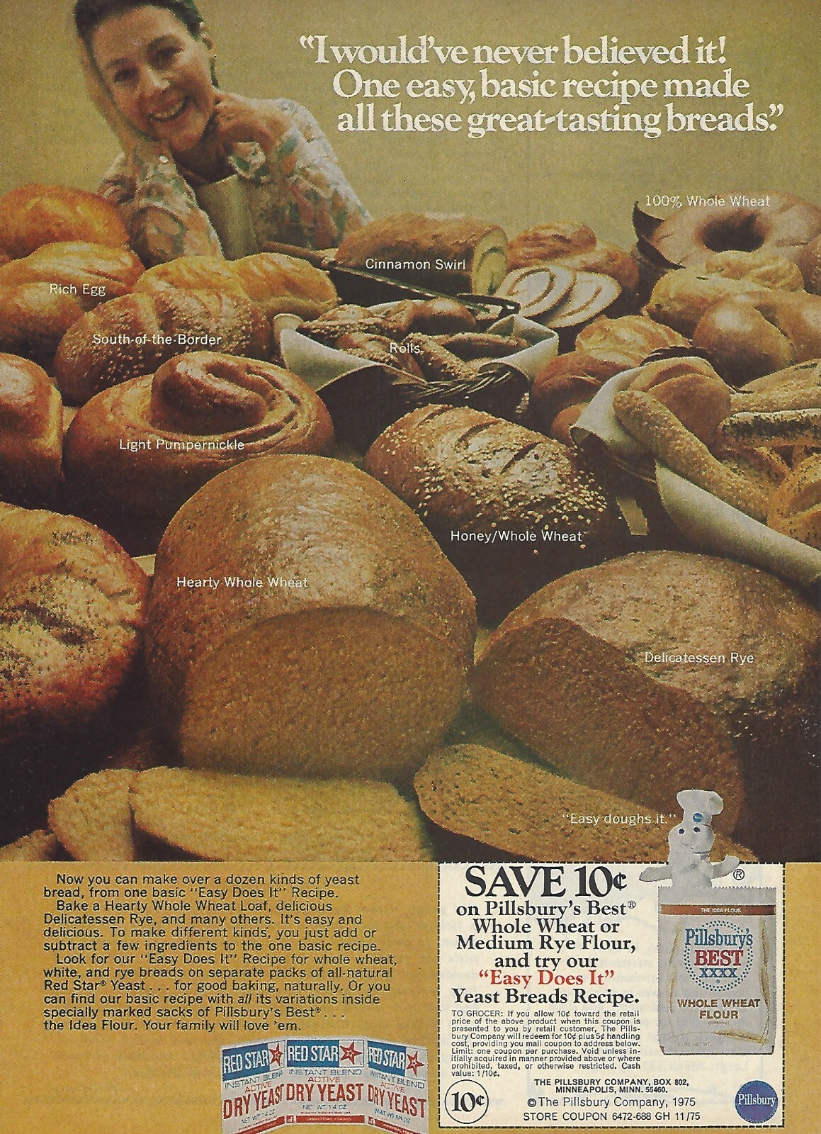 1975 Pillsbury Flour Bread Red Star Doughboy vintage Print Ad 70's ...