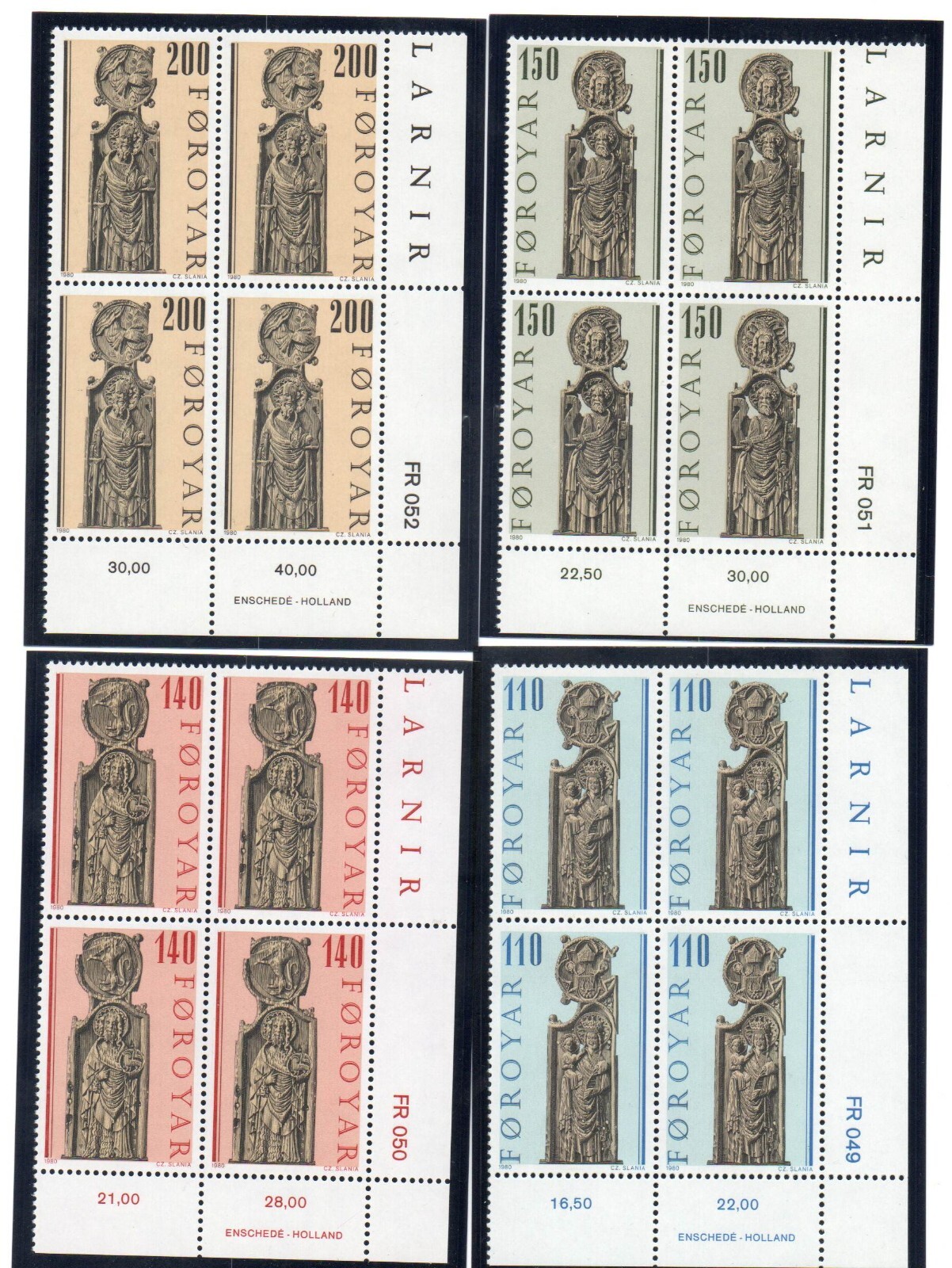 Slania engraved stamps-Faroes Is. 1980 Church Pews (4) crn blks of 4 ...