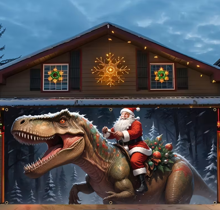 Santa & Tyrannosaurus Rex Garage Door Cover Door Banner Party Holiday ...