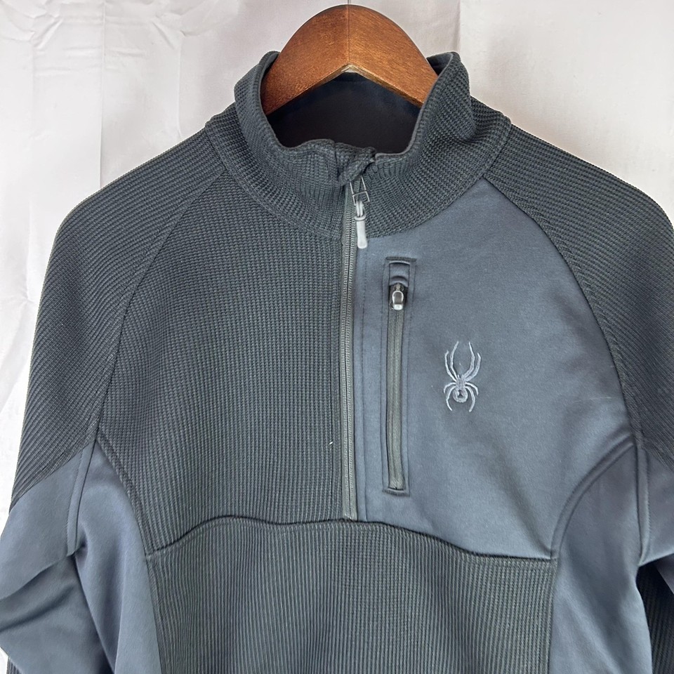 Spyder Pullover Mens Small Black Gray Half Zip Fleece Waffle Knit Ski ...