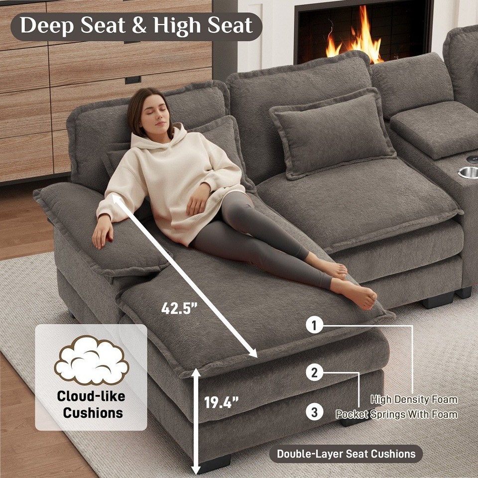 Modern 124" U-Shaped Oversized Sectional Sofa Couch w/Central Console ...