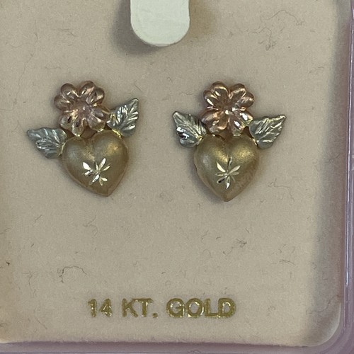 Signed JCM 14k Gold Etch Tri Colored Heart Flowers Pierced Post ...