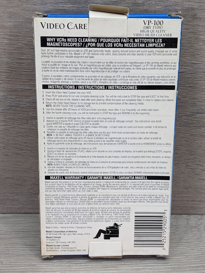 Maxell High Quality Video Head Cleaner VP-100 VHS Tape VCR Dry Type ...