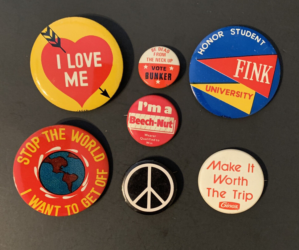 Vintage Novelty Buttons (7) Fink University Vote Bunker Peace Satire ...