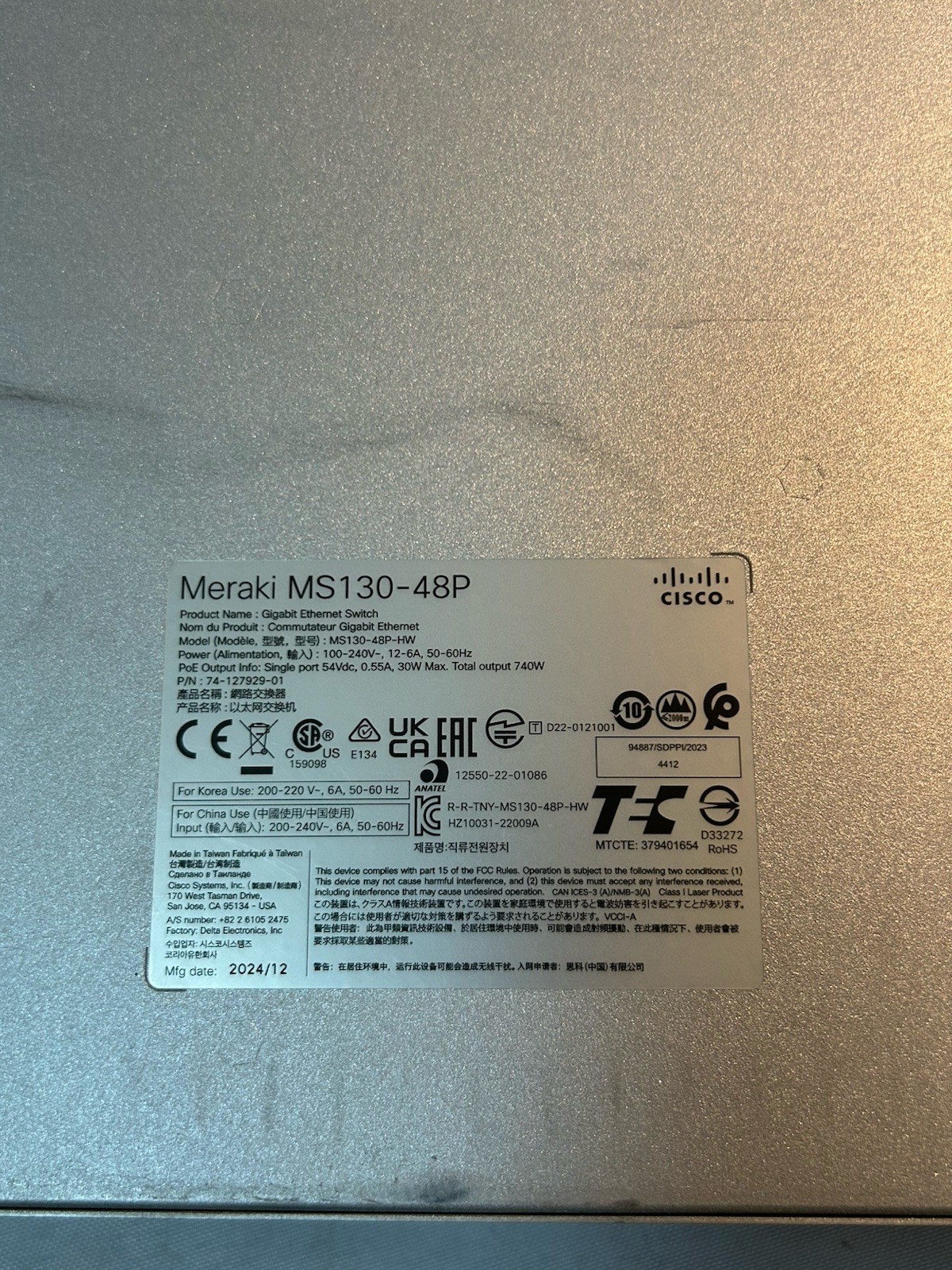 Cisco MS130-48P-HW Meraki 48x 1GB PoE+ RJ45 4x 1GB SFP Unclaimed Switch ...