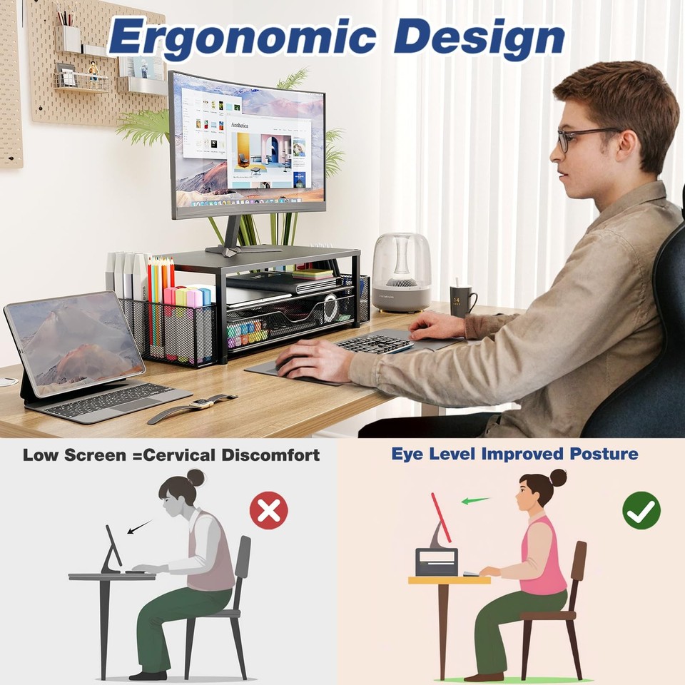 Desk Organizer and Accessories, 2-Tier Computer Monitor Stand Riser ...