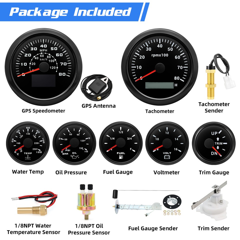 7 Gauge Set with Sensor 85mm Black GPS Speedometer 80MPH Tacho 8000RPM ...