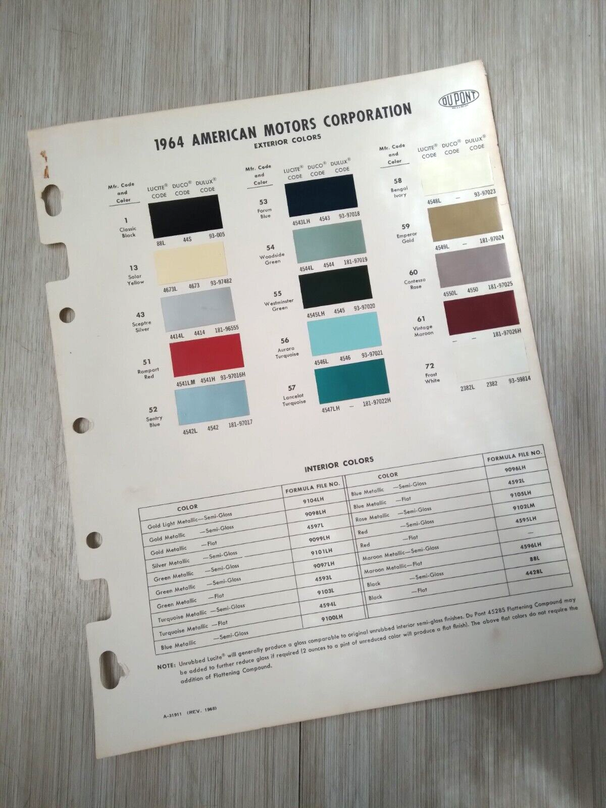 1964 AMC RAMBLER Color Chip Paint Sample Brochure/Chart: DuPont | eBay