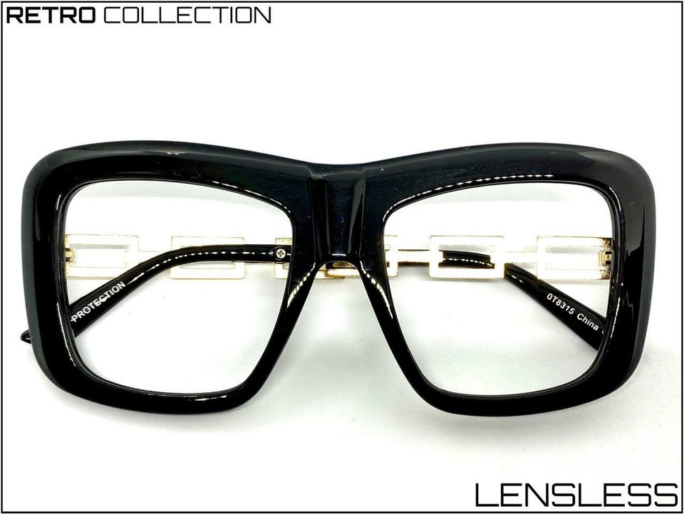 Oversized Retro Lensless Eye Glasses Large Funky Black & Gold Frame ...