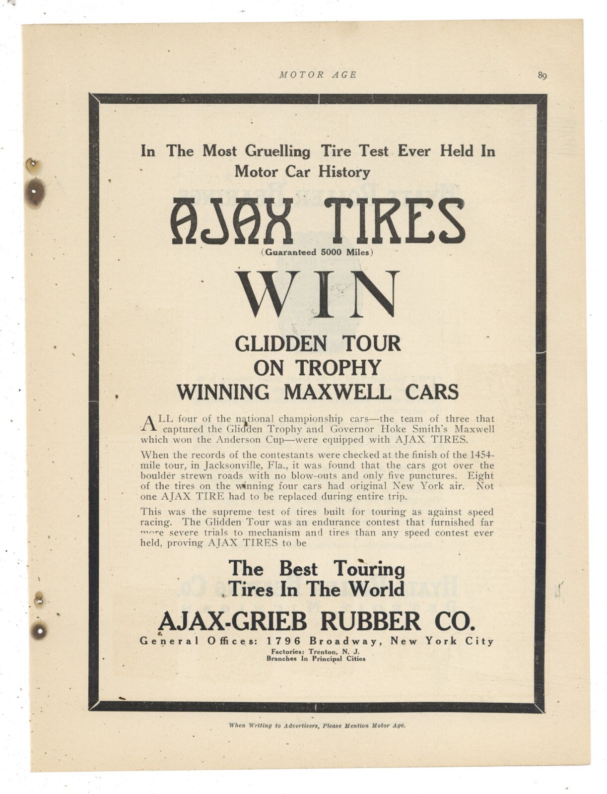 1911 Ajax Grieb Rubber Co. Ad: Glidden Tour Winner on Maxwell Cars ...