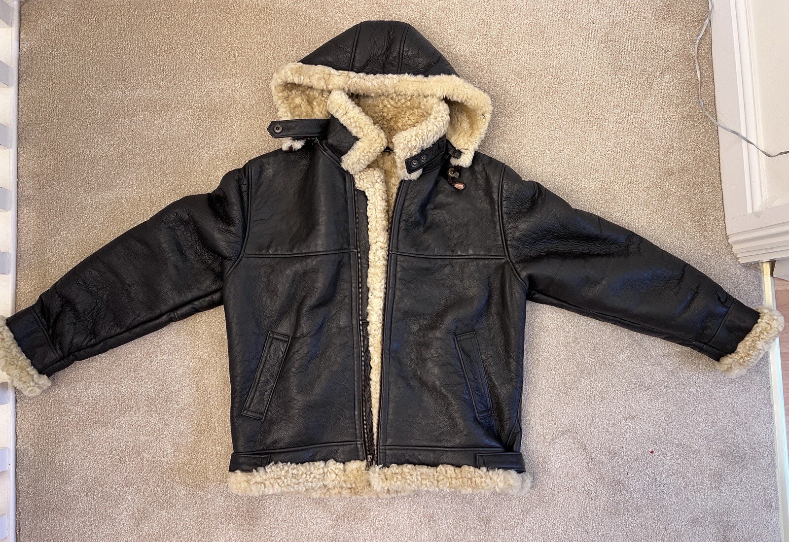 Genuine Vintage Leather Shearling Jacket With Hood XL - Gem