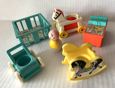 Vtg Fisher Price Little People Nursery LOT of 6 Playpen Stroller Rocker ...