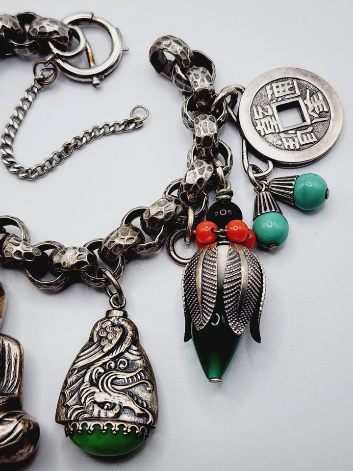 VERY CHUNKY Vintage SIGNED Napier ASIAN THEMED Fob CHARM BRACELET ...