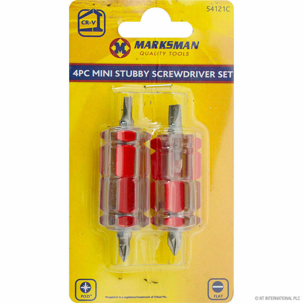 4pc MINI STUBBY SCREWDRIVER SET FLAT SLOTTED HEAD POZI DRIVE PZ1 PZ2 ...