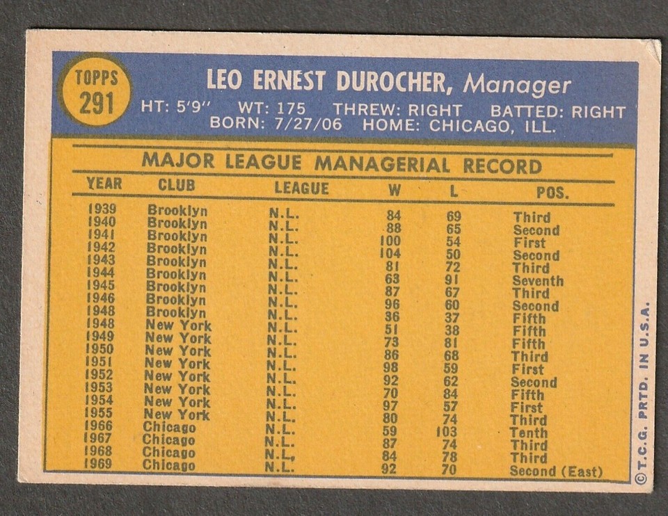 Topps 1970 #291 Leo Durocher Chicago Cubs Manager MLB Baseball Card | eBay