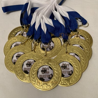 10 Girl of the Match Medals, Blue & White Ribbons, Gold Girls Football ...
