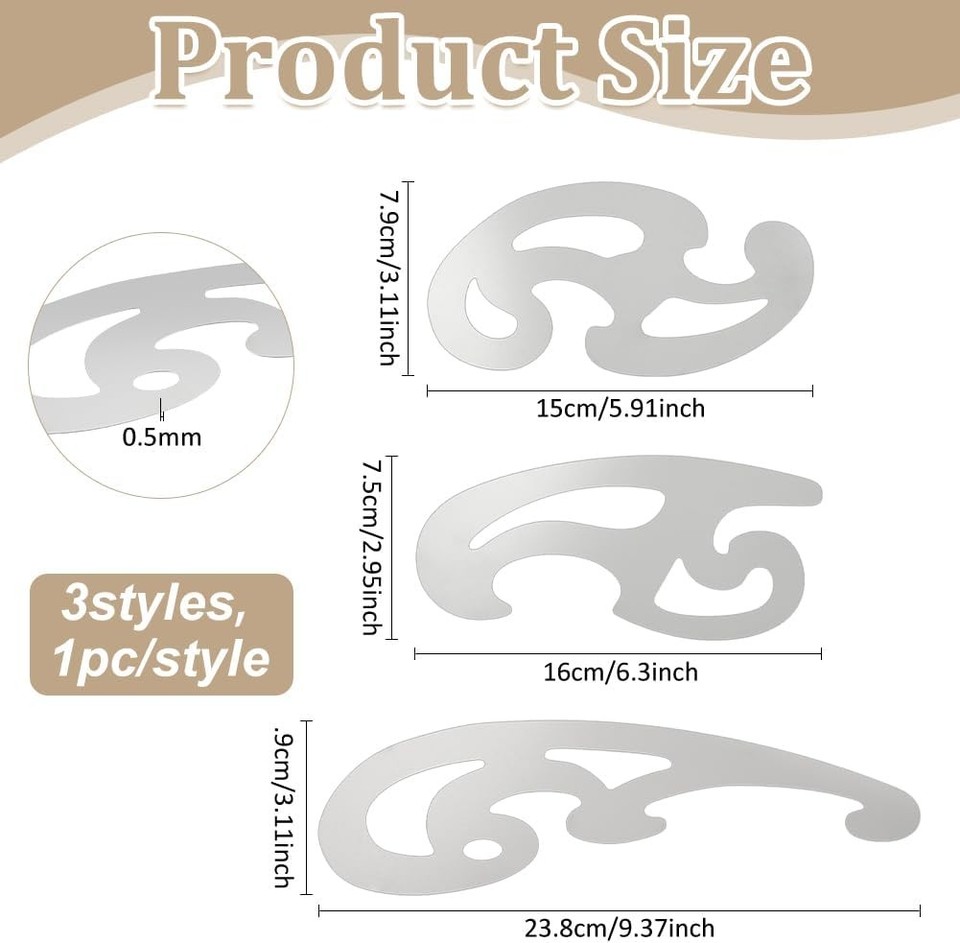 BENECREAT 3 Pcs Stainless Steel French Curve Ruler, Metal Pattern Ruler ...