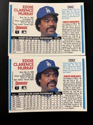 2 1992 Donruss Eddie Murray Error Baseball Cards No . After Inc # 392 ...