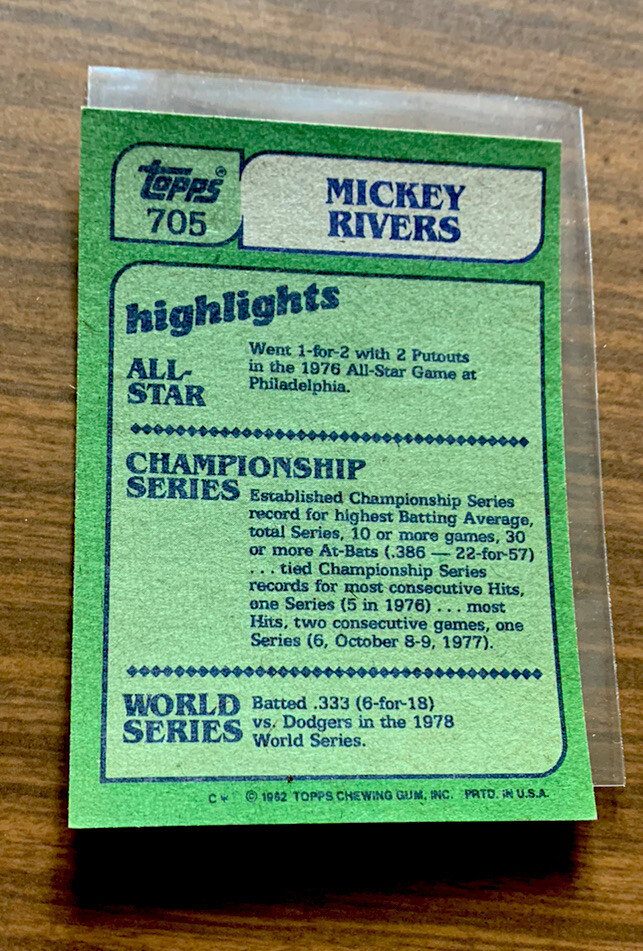 Mickey Rivers Topps 1982 IN ACTION Baseball Card # 705, Texas Rangers ...