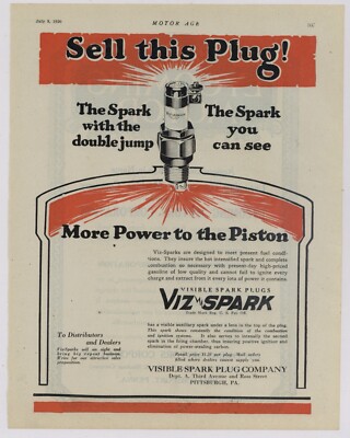 1920 Visible Spark Plug Company Ad: Viz - Spark Pictured - Pittsburgh ...