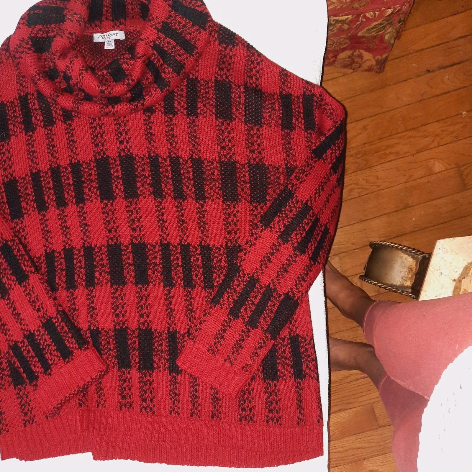PBJ SPORT Womens Sz SMALL Sweater DEEP RED AND BLACK PLAID WITH COWNECK ...