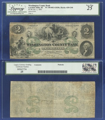 RHODE ISLAND 2 DOLLARS 1863 WASHINGTON COUNTY BANK CAROLINA MILLS VERY ...