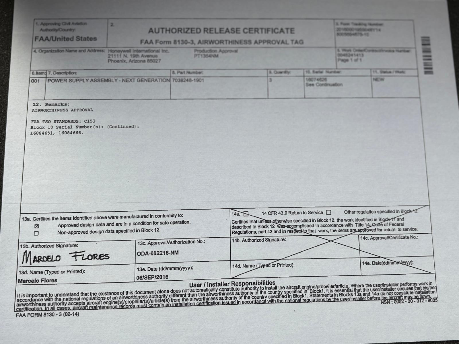 Honeywell 7036540-1901 Power Supply | NEW | FAA 8130-3 | OEM Serial Tag ...