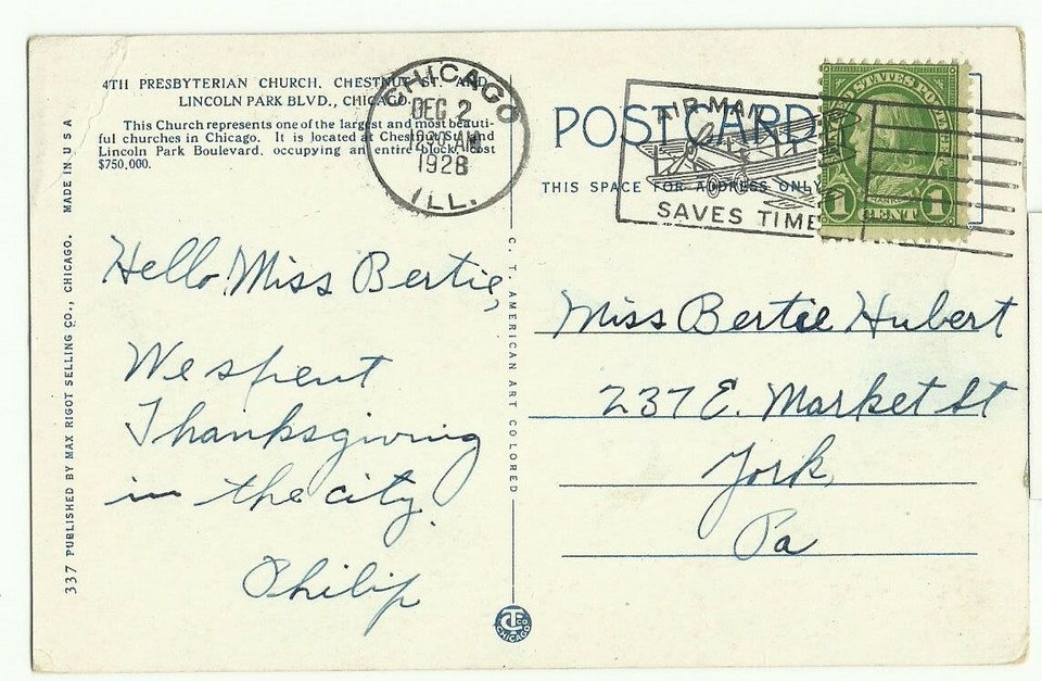 4th PRESBYTERIAN CHURCH Chestnut St & Lincoln Park Blvd Chicago IL Vtg ...