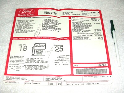 1998 Ford Windstar Van - Monroney Window Sticker. Pricing & Options | eBay