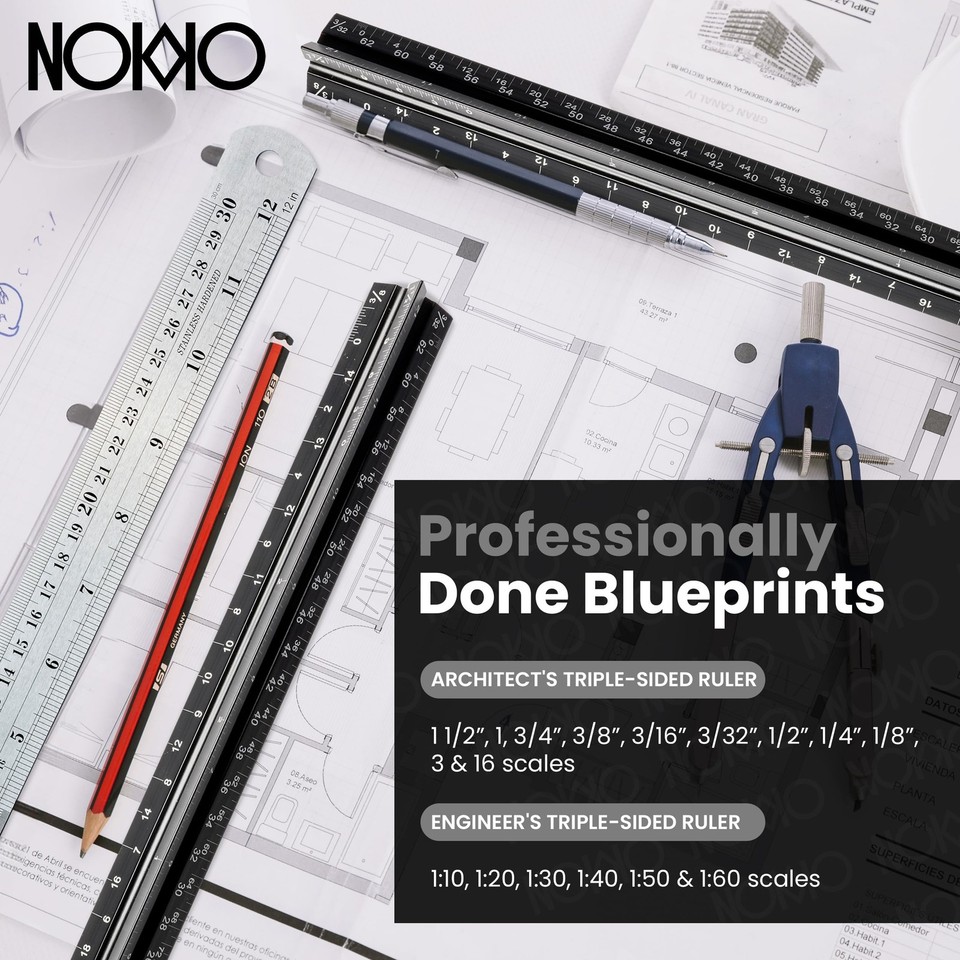 NOKKO 12 Inch Architectural and Engineering Scale Ruler Set ...