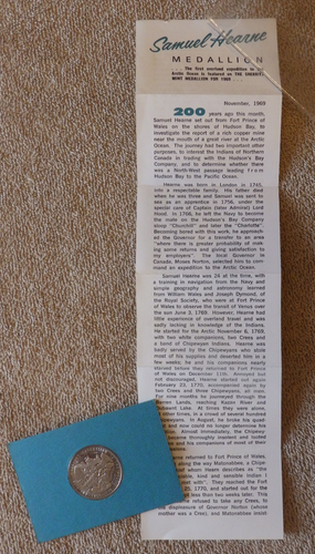 1969 Sherritt Mint Samuel Hearne Medallion..Arctic Ocean Expedition ...